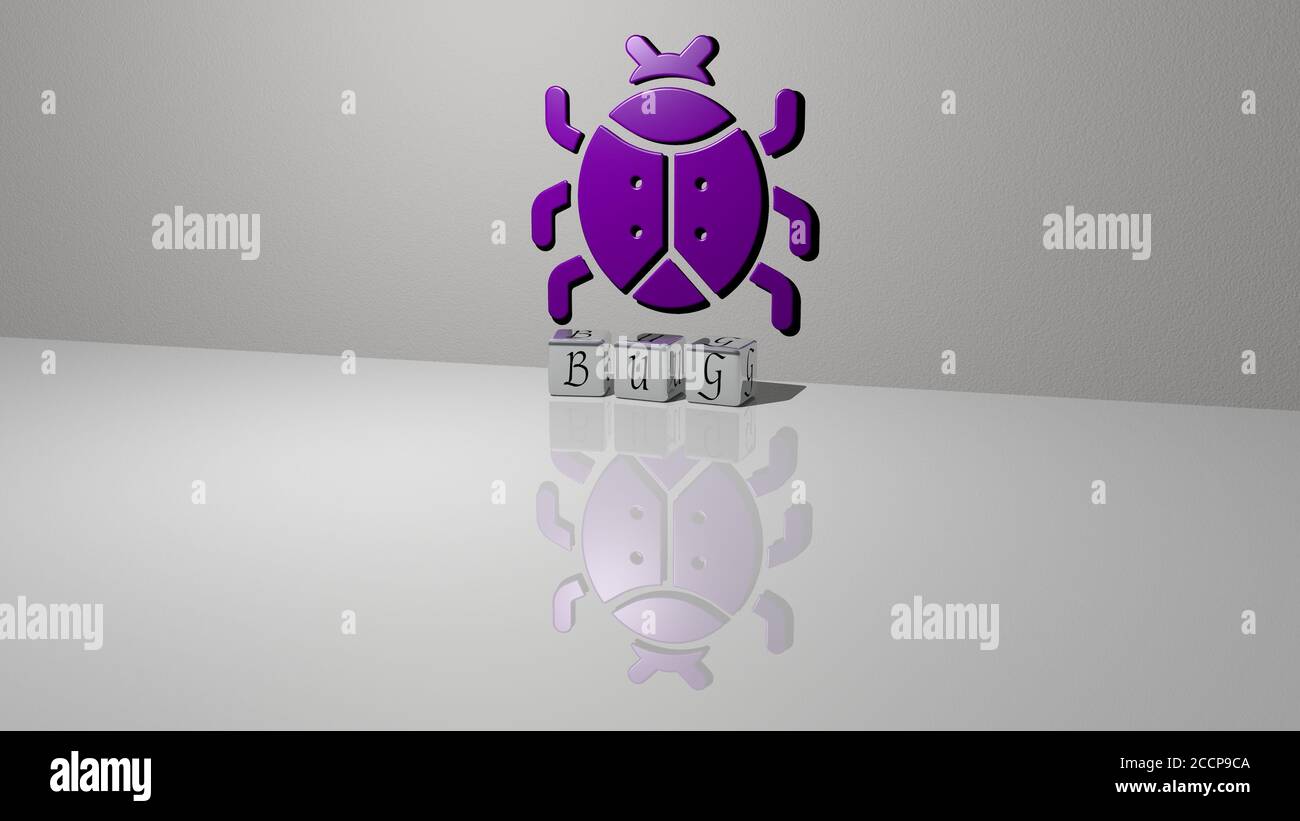 BUG text of cubic dice letters on the floor and 3D icon on the wall, 3D ...