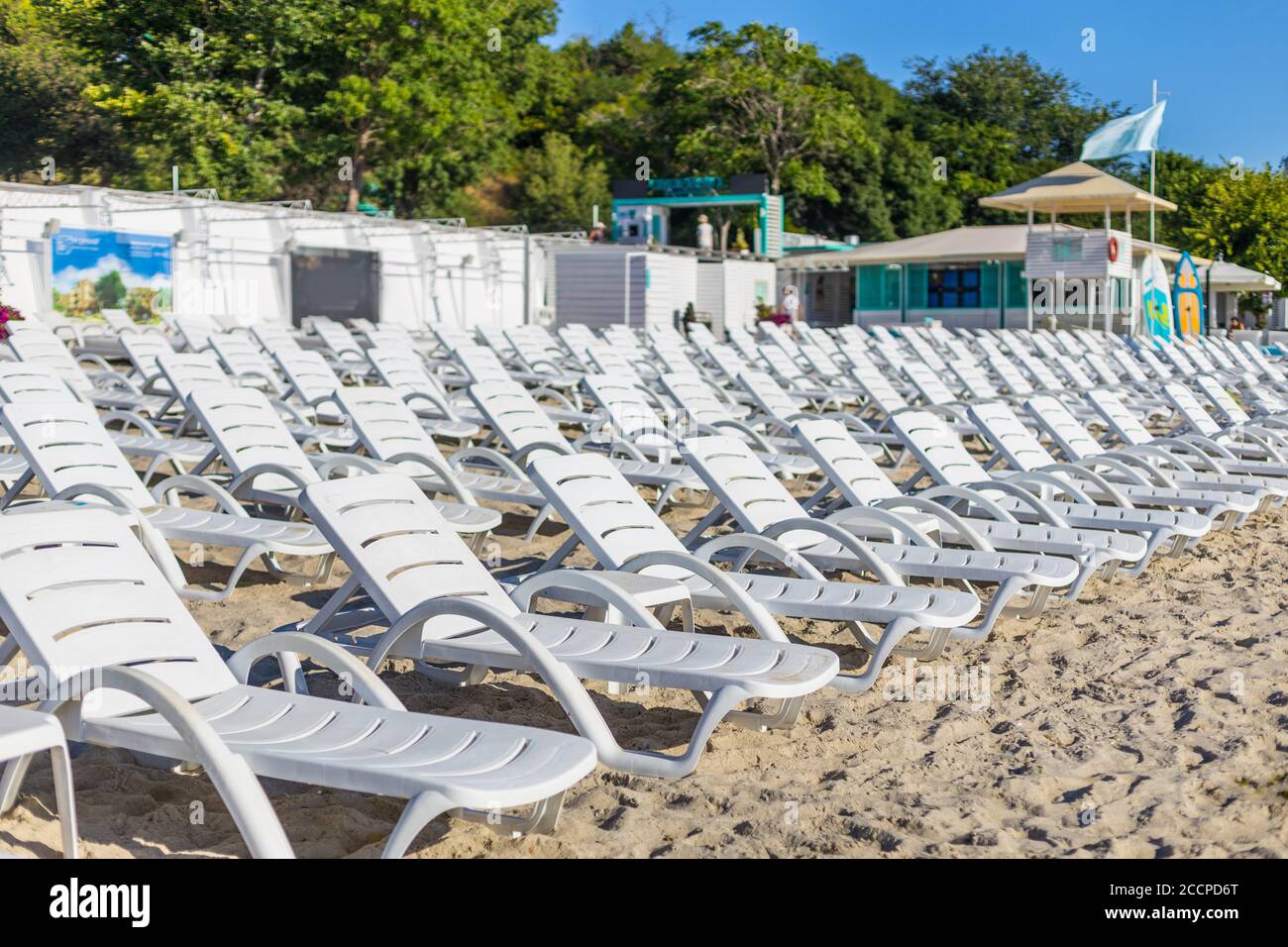 Beach plastic chairs on the beach near the sea in summer time Stock ...