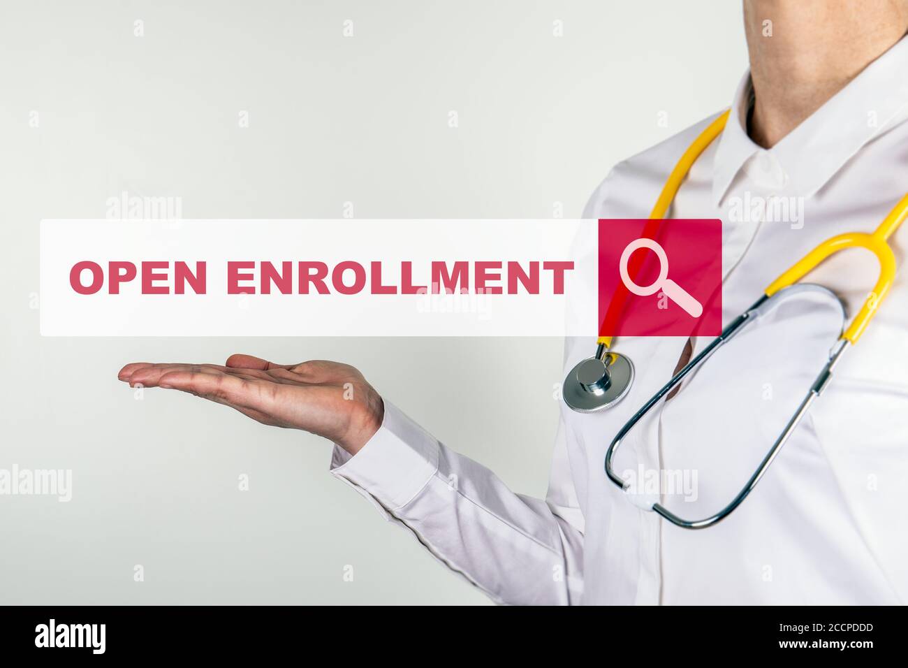 OPEN ENROLLMENT. Female doctor with stethoscope. Searching for ...
