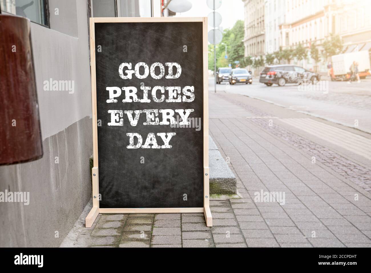 GOOD PRICES EVERY DAY. Foldable advertising poster on the street Stock ...