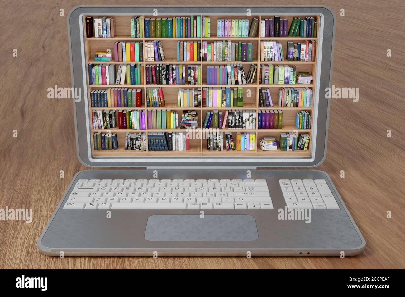 3D illustration. Library, with lots of books, inside a laptop. Ebooks ...