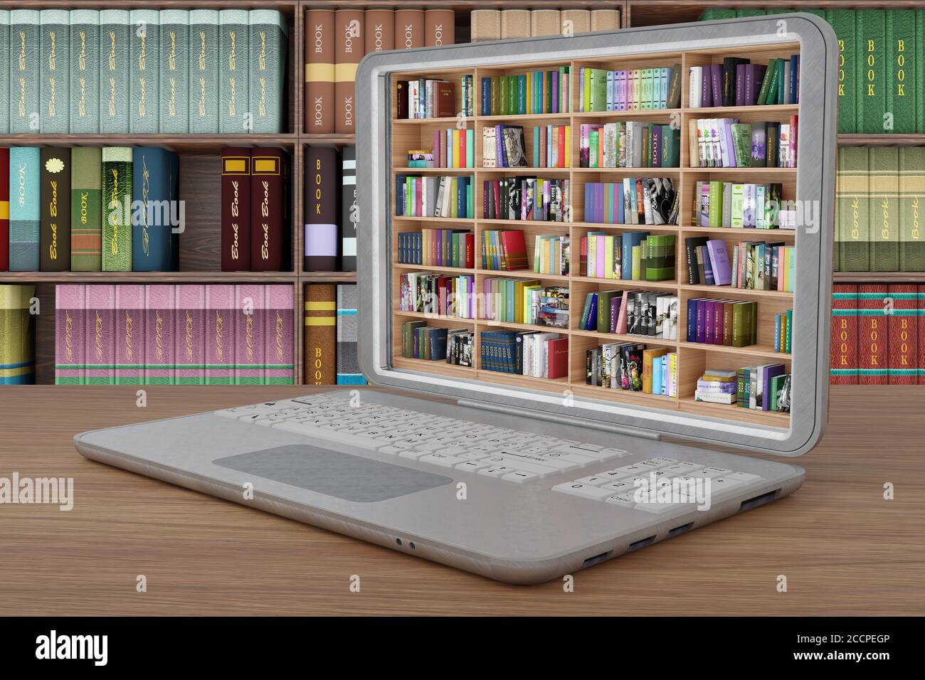 3D illustration. Library, with lots of books, inside a laptop. Ebooks ...