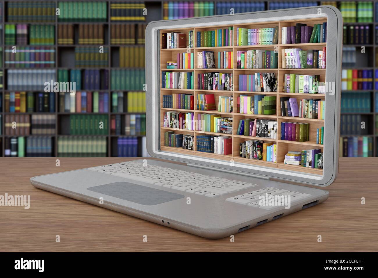 3D illustration. Library, with lots of books, inside a laptop. Ebooks ...