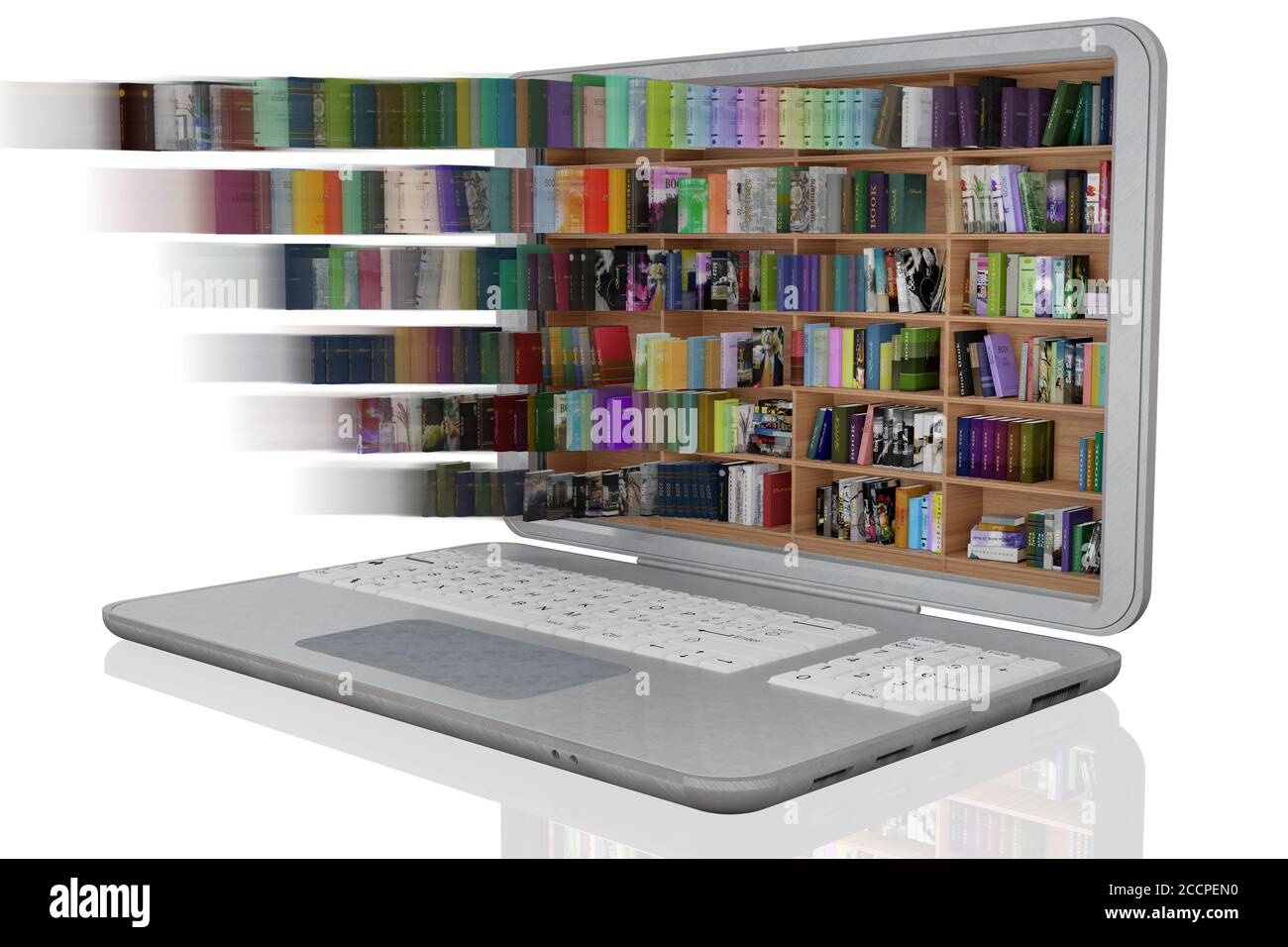 3D illustration. Library, with lots of books, inside a laptop. Ebooks ...