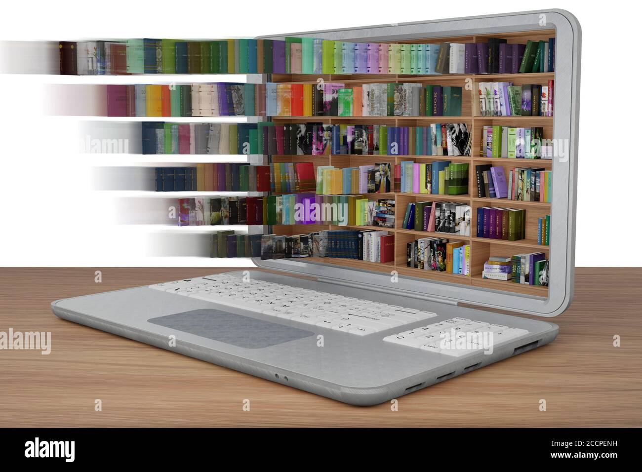 3D illustration. Library, with lots of books, inside a laptop. Ebooks ...