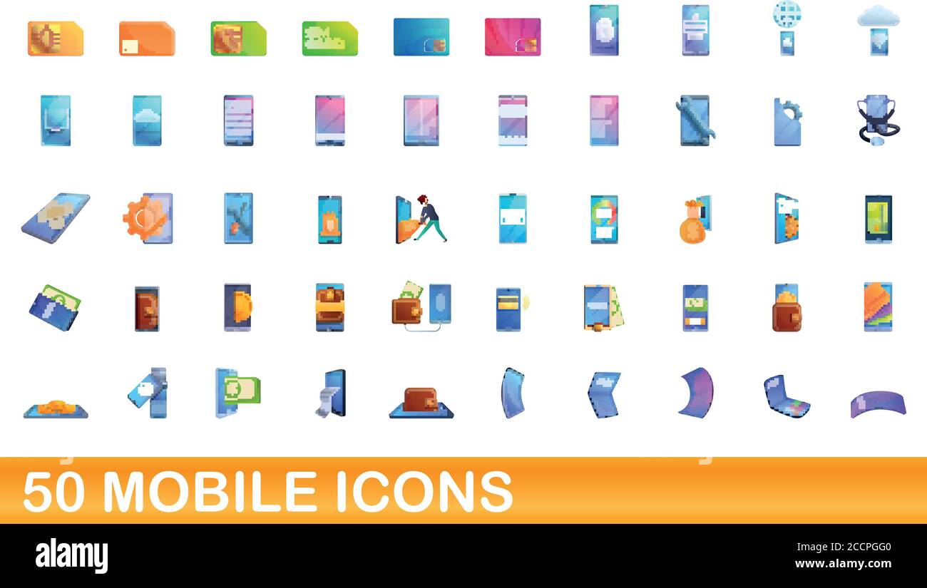 50 mobile icons set. Cartoon illustration of 50 mobile icons vector set ...