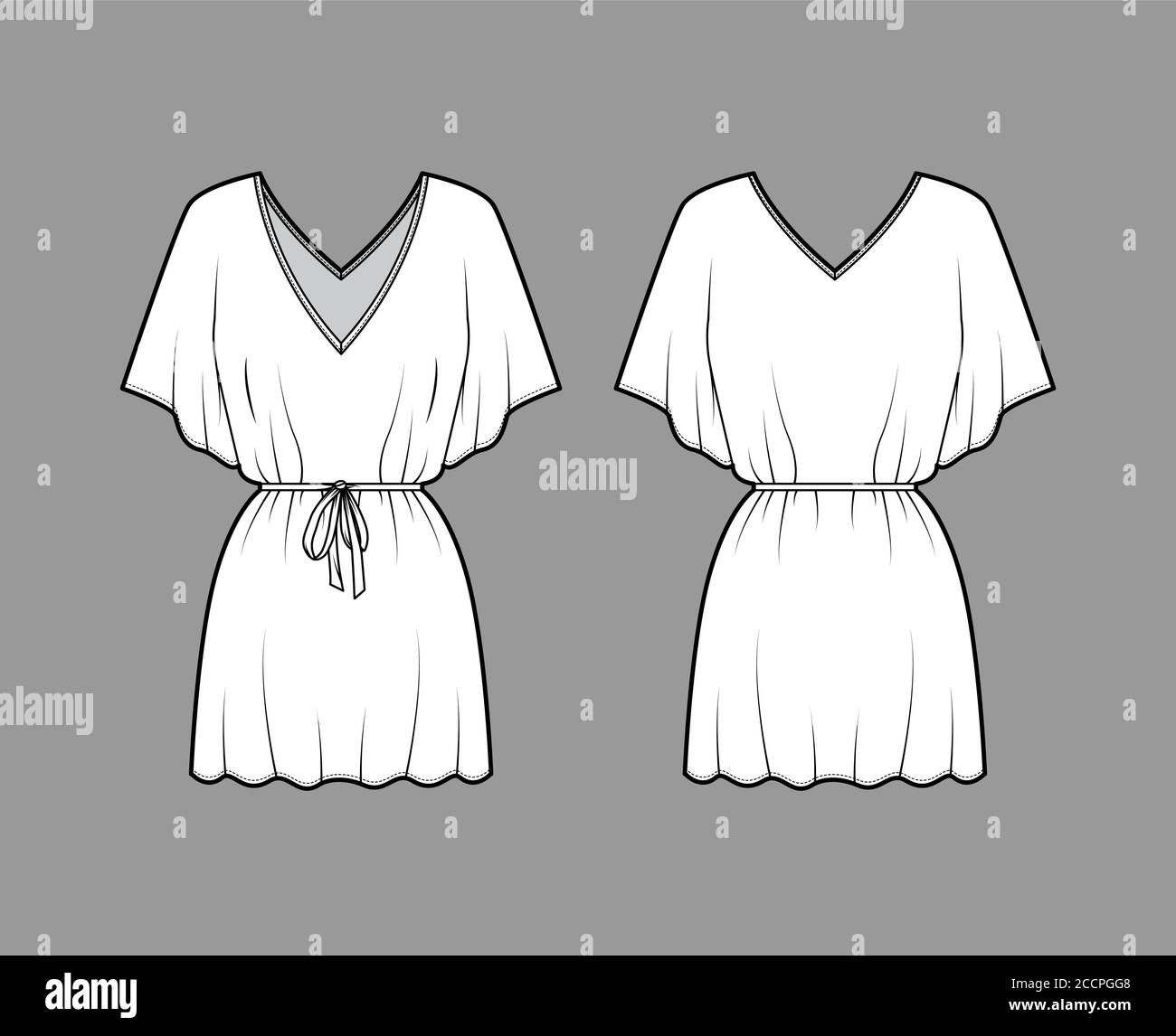 Kaftan dress technical fashion illustration with deep V-neck, belted ...