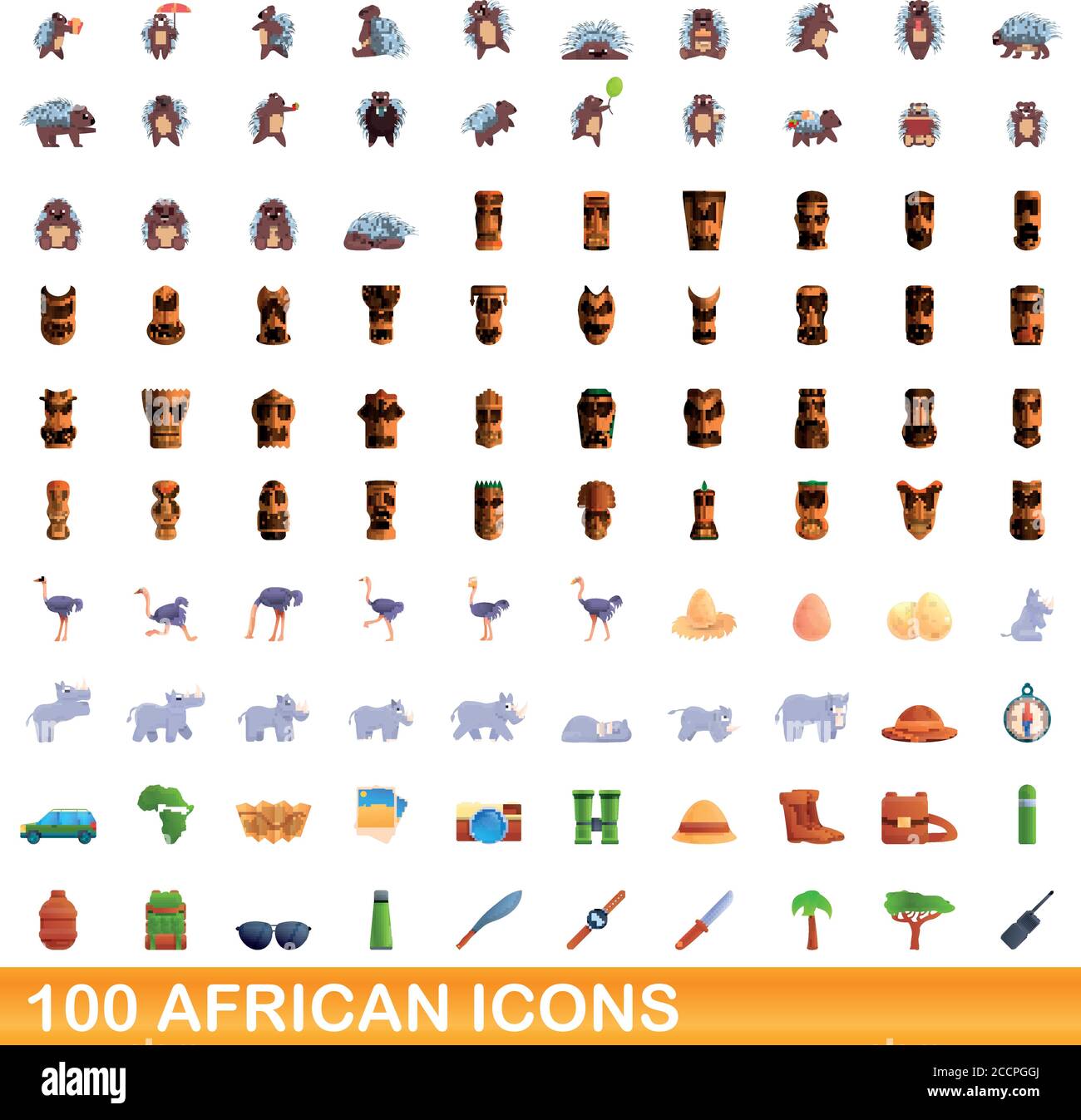 100 african icons set. Cartoon illustration of 100 african icons vector ...