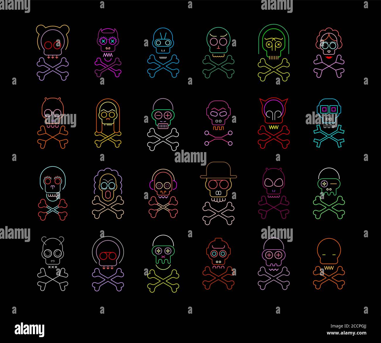 Neon colors isolated on a black background Skull and Crossbones vector ...