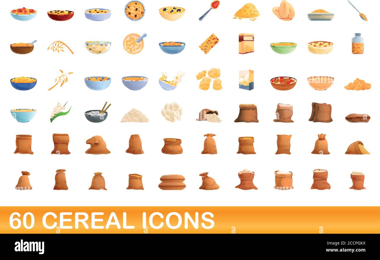 60 cereal icons set. Cartoon illustration of 60 cereal icons vector set ...