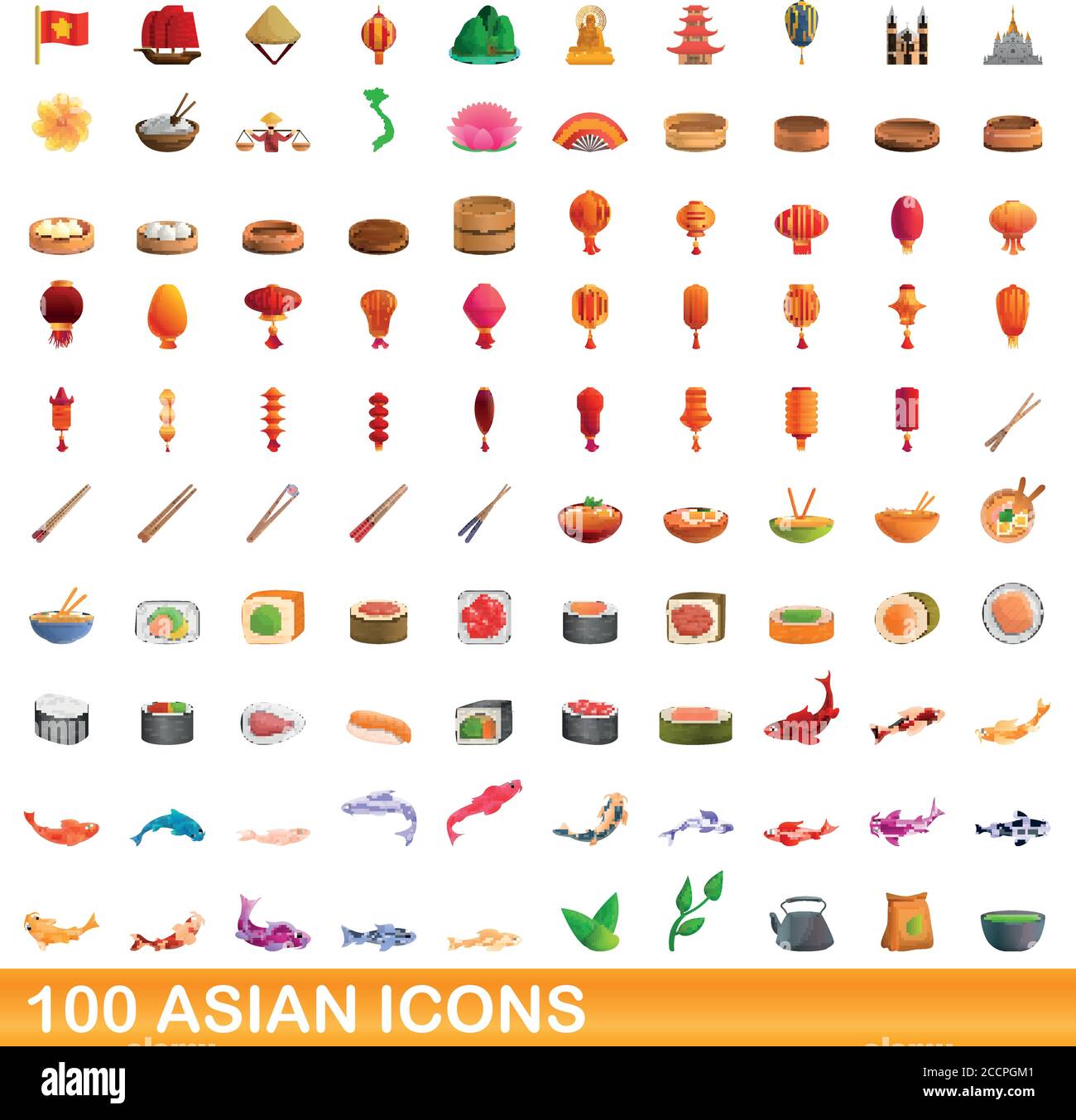 100 asian icons set. Cartoon illustration of 100 asian icons vector set ...