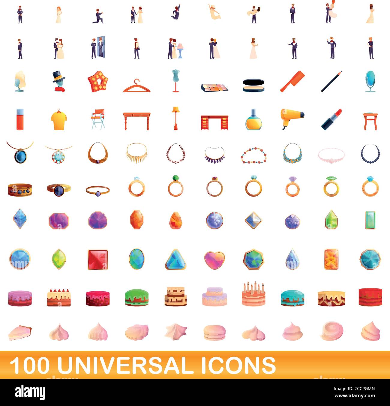 100 universal icons set. Cartoon illustration of 100 universal icons ...