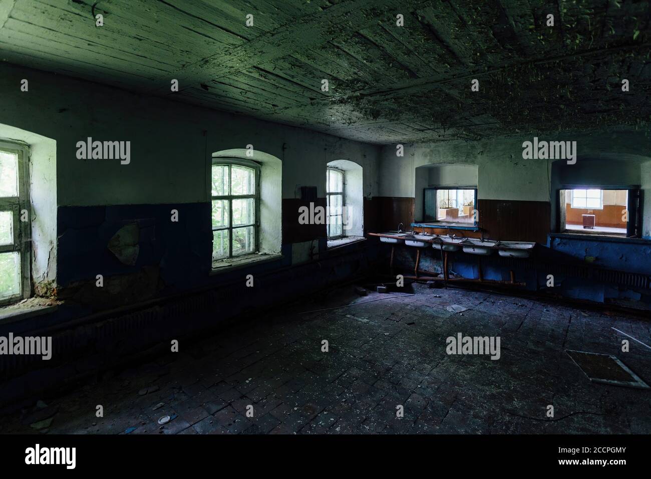 Abandoned school interior, dirty room, rotten peeled walls Stock Photo ...