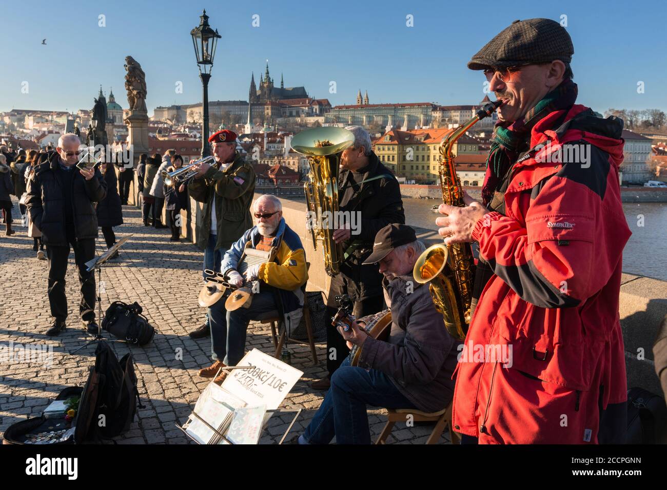 Musicians, understood to be the Bridge Band, performing and busking on ...