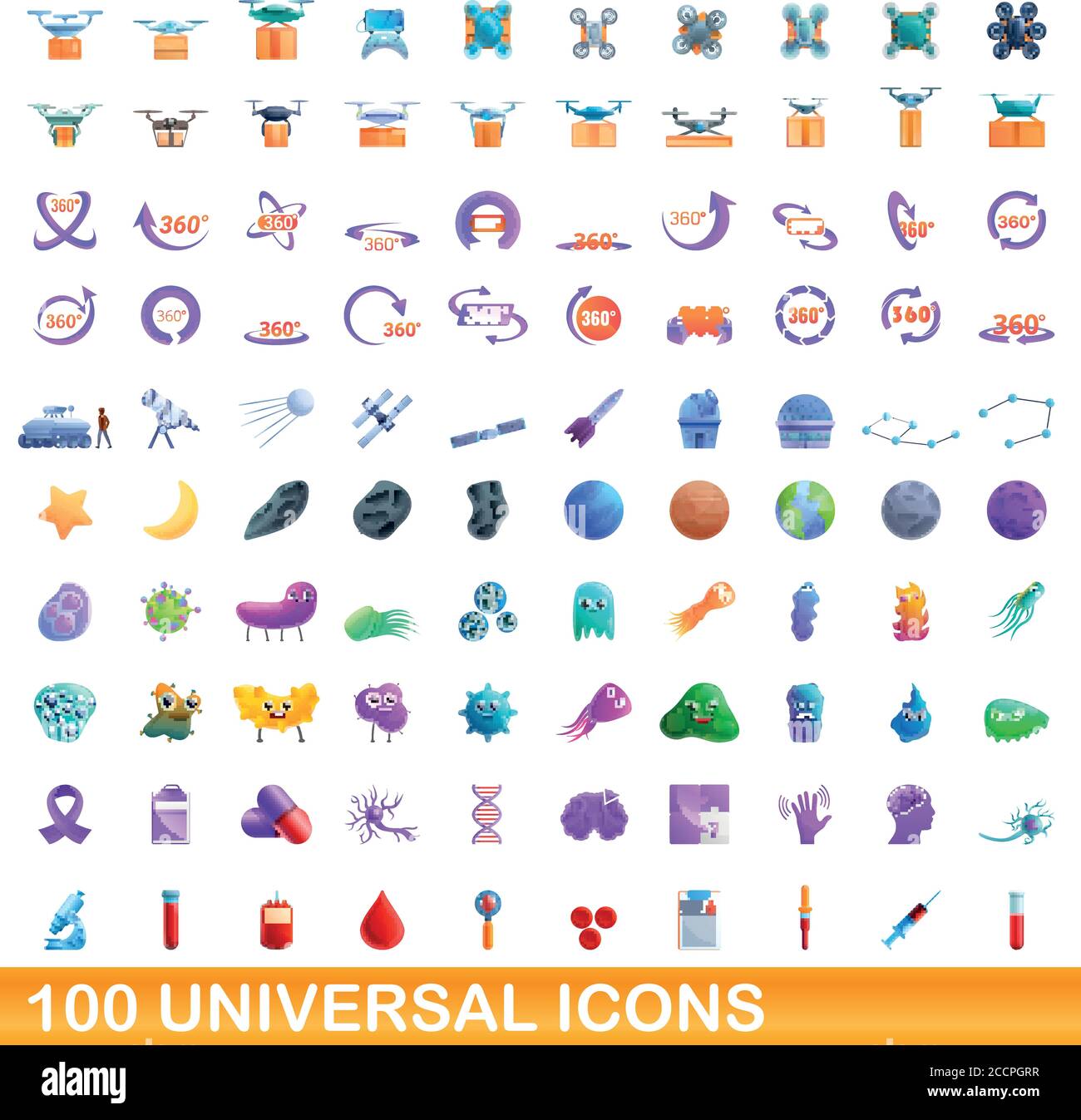 100 universal icons set. Cartoon illustration of 100 universal icons ...