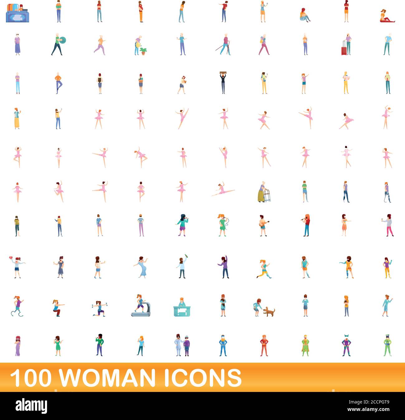 100 woman icons set. Cartoon illustration of 100 woman icons vector set ...
