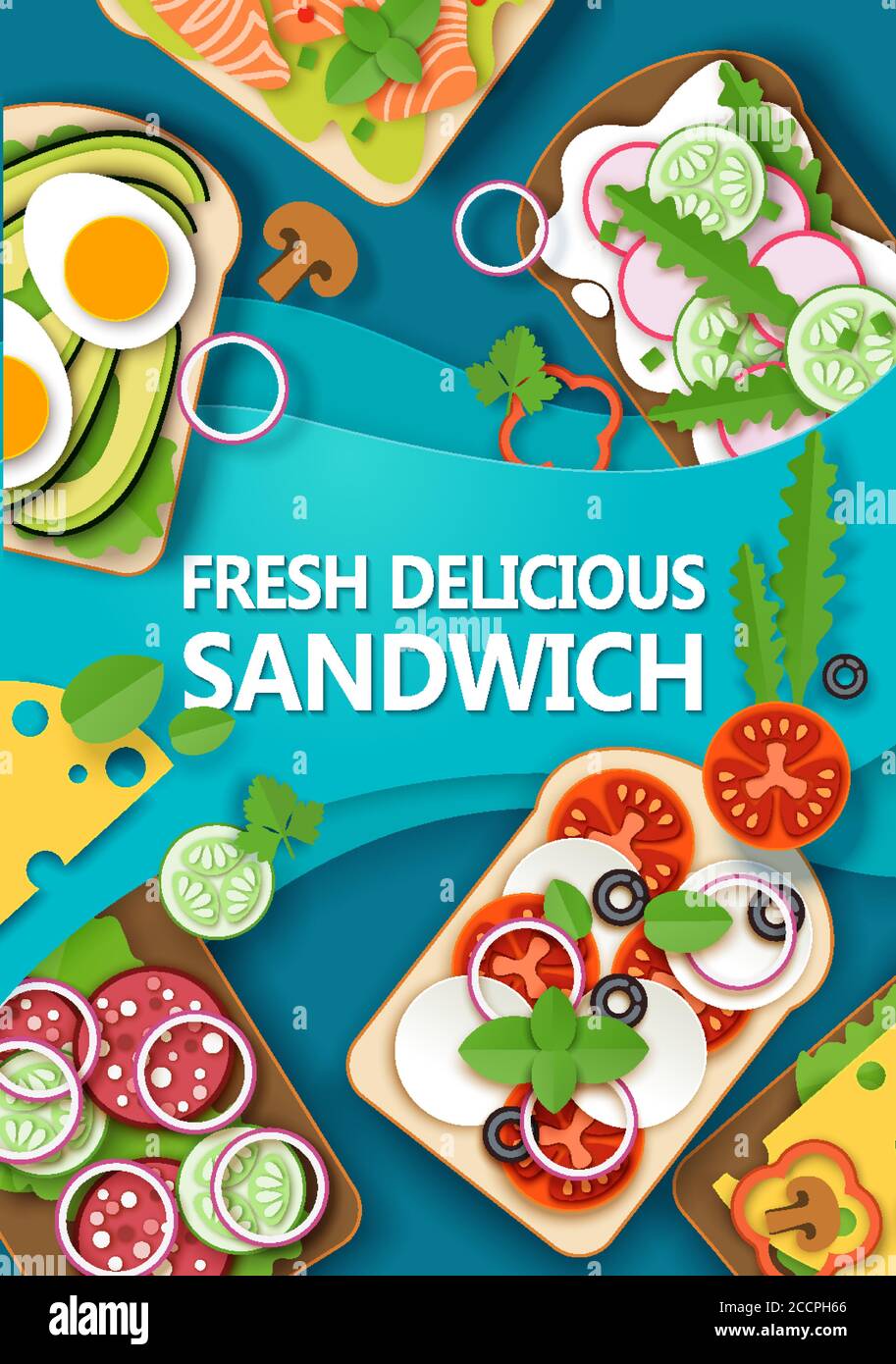 Fresh delicious sandwich poster banner template, vector paper cut style ...