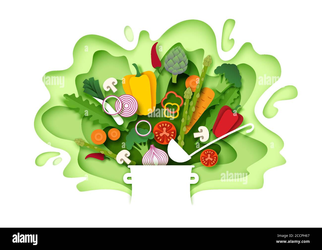 Fresh vegetables falling into the pot, vector layered paper cut style ...