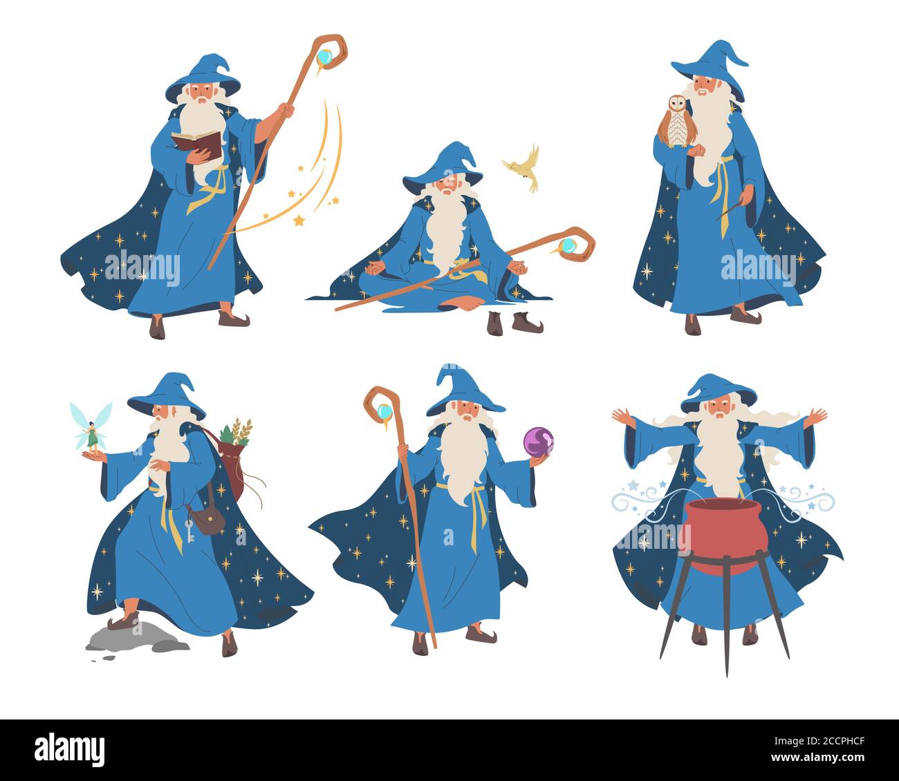 Old wizard, magician cartoon character set, flat vector isolated ...