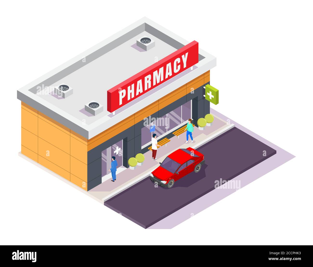 Pharmacy store facade with signboard, isometric vector illustration ...