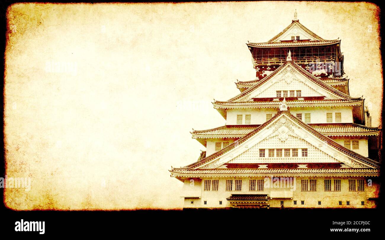 Horizontal banner with Osaka castle and vintage paper texture. UNESCO ...