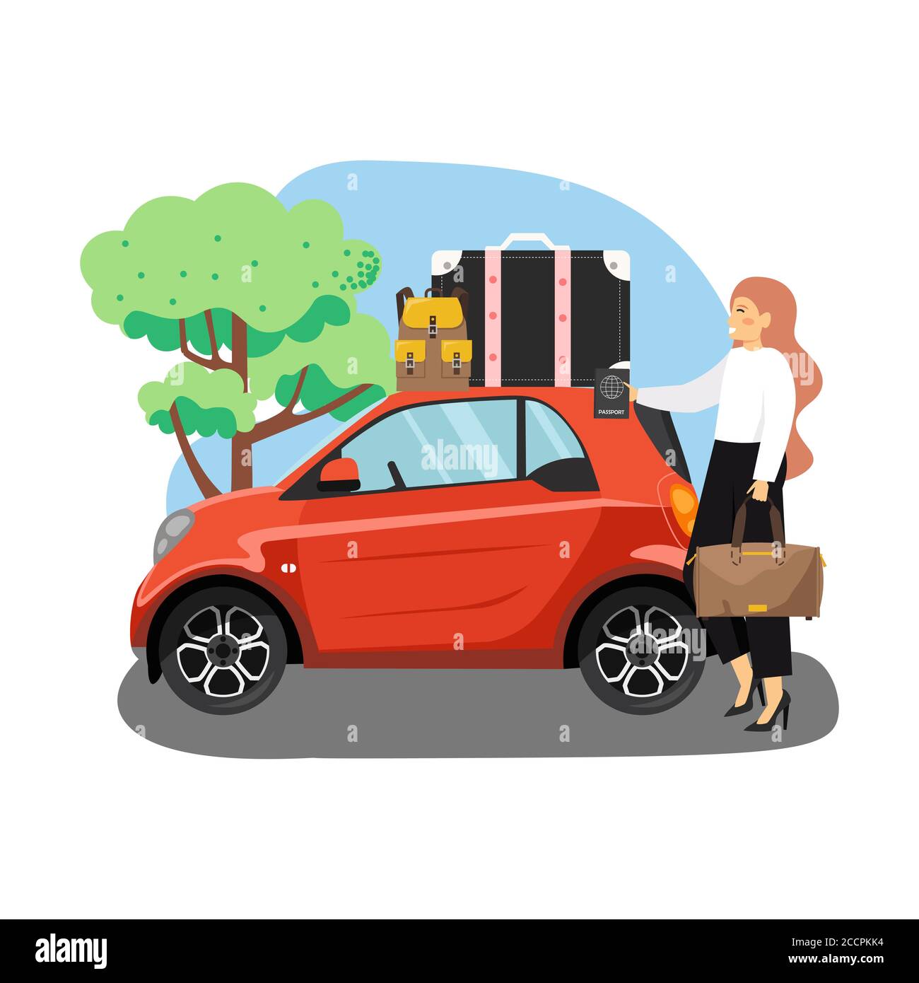 Car trip, road travel, summer vacation. Young woman traveling by car ...