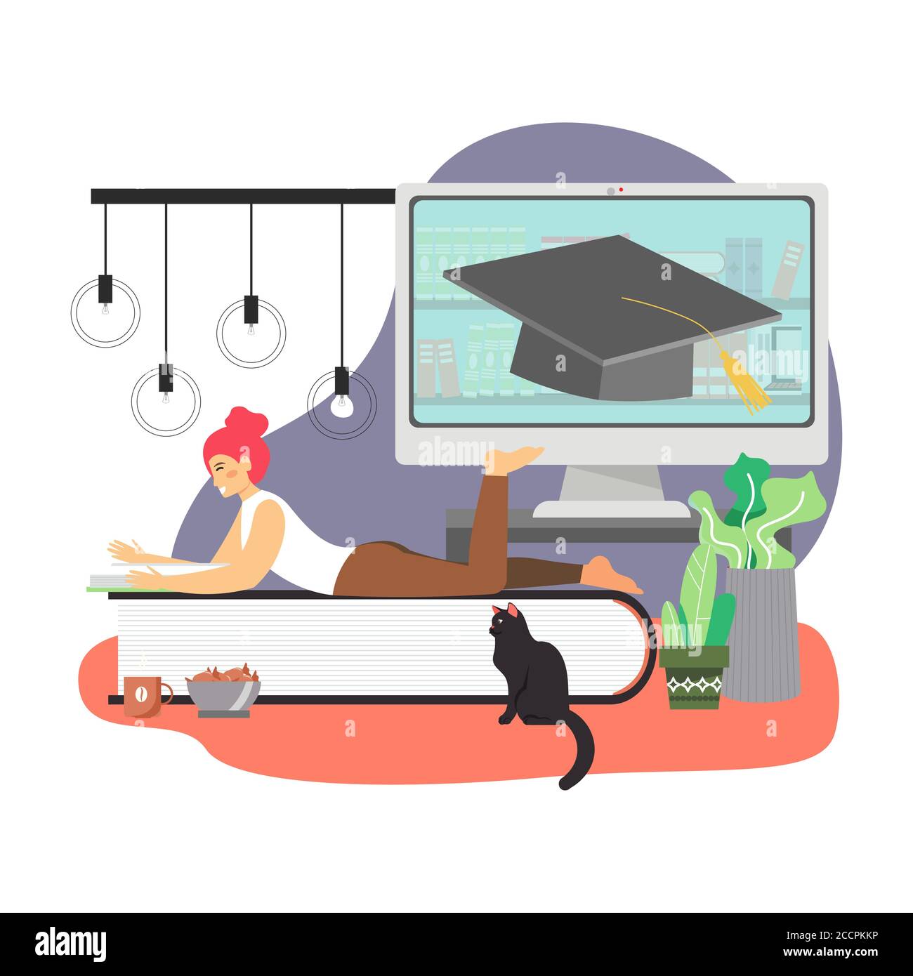 Girl student reading book at home, studying online, flat vector ...