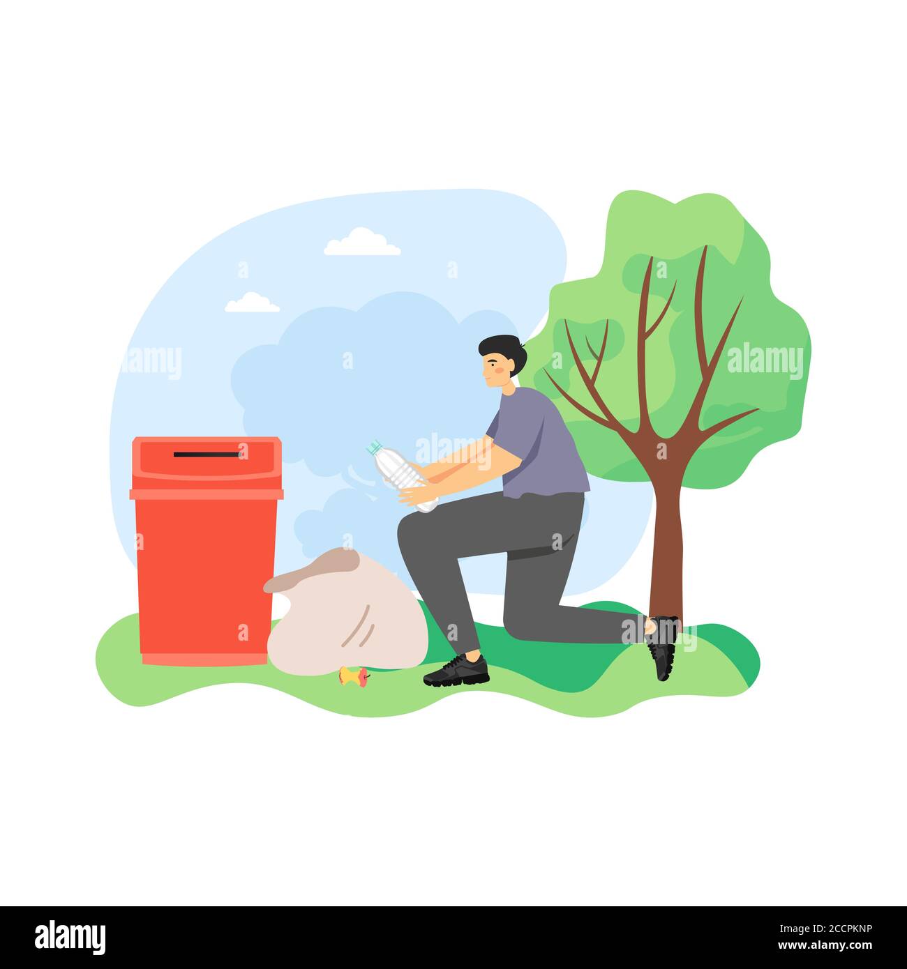 Young Man Trash Collector Cleaning Company Worker Collecting Garbage Flat Vector Illustration