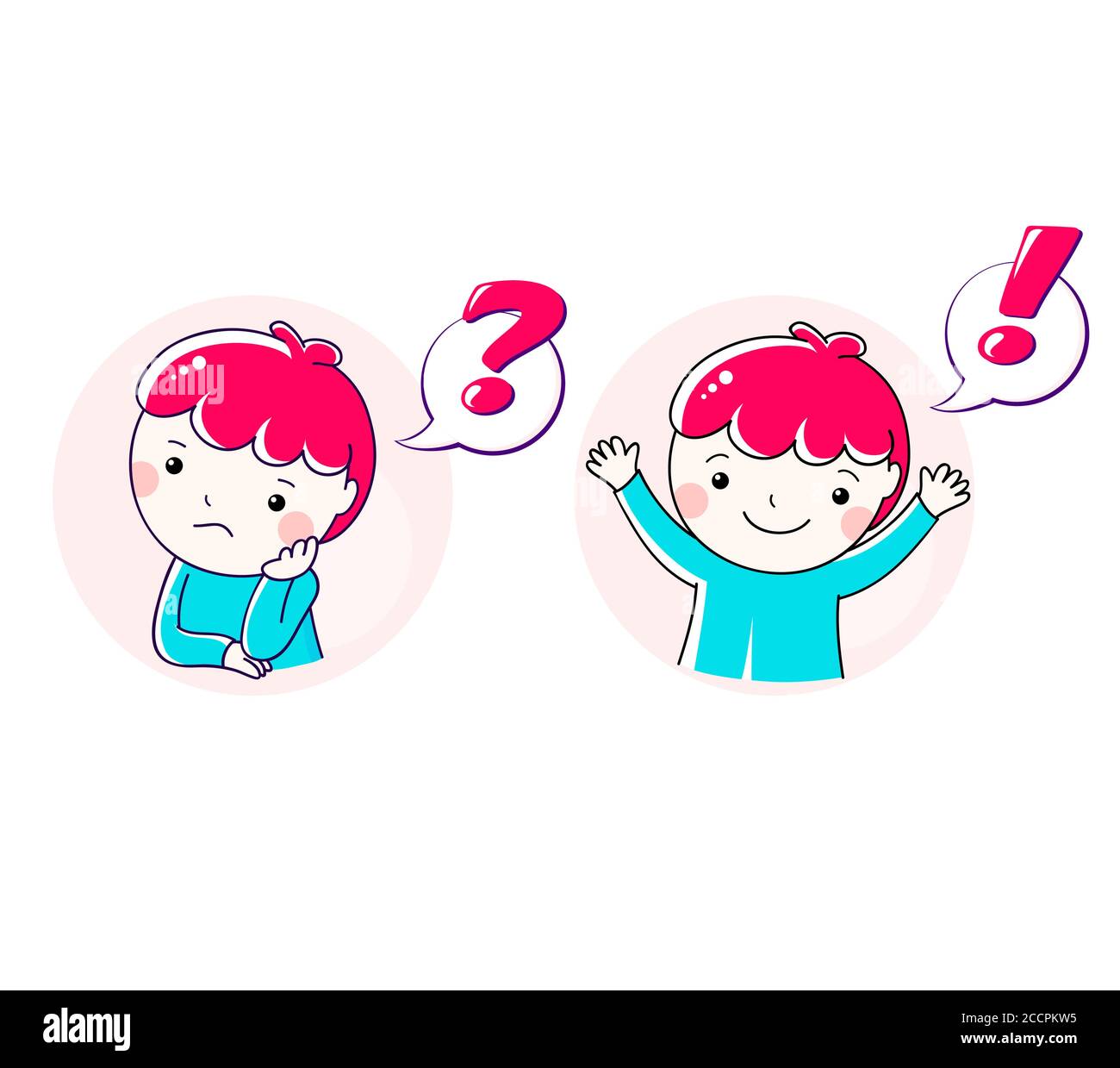 Portrait of little boy, exclamation mark and question mark. Little ...