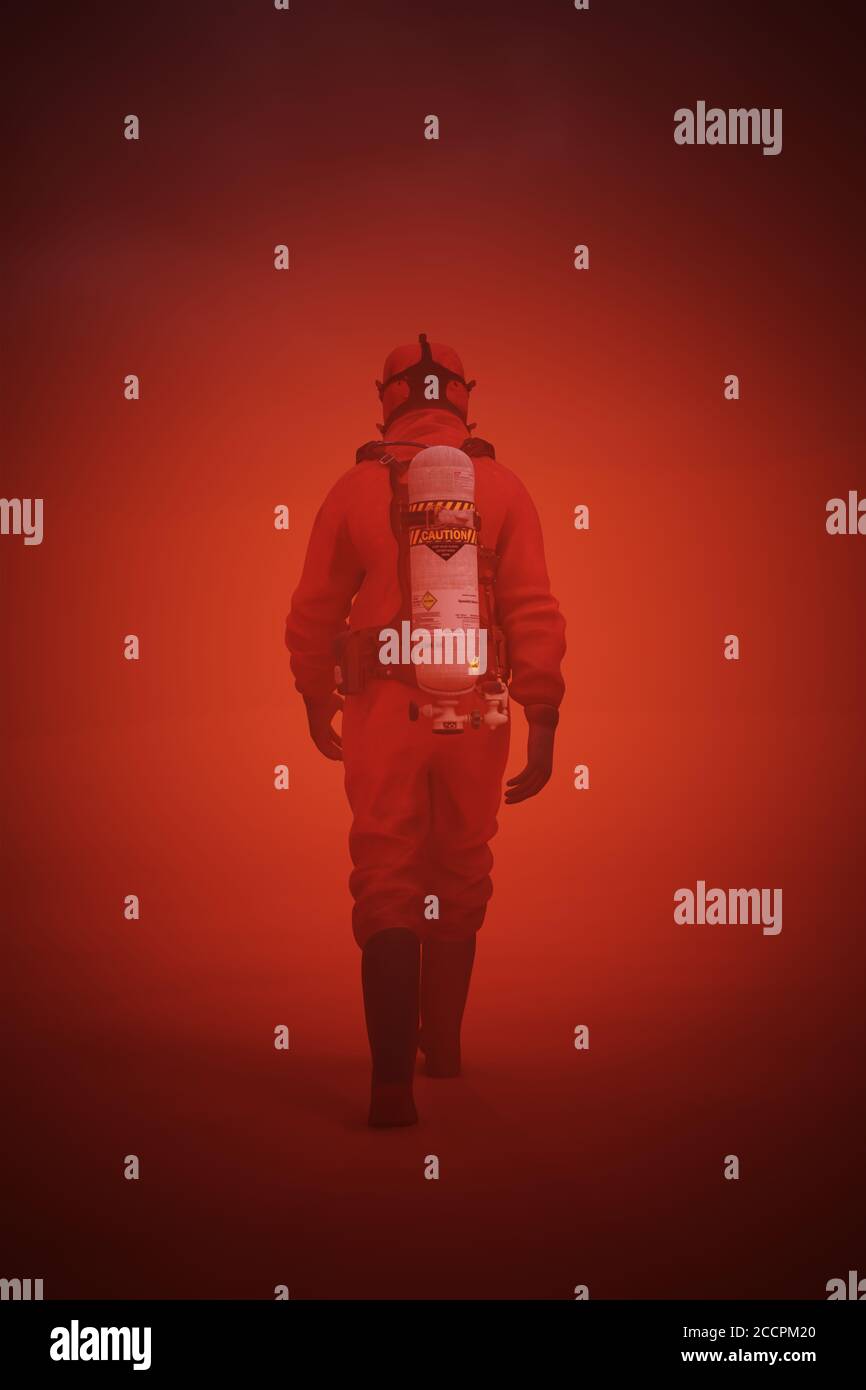 Man in a Hazmat Suit Walking in a Post Apocalyptic Dark Sand Storm 3d ...