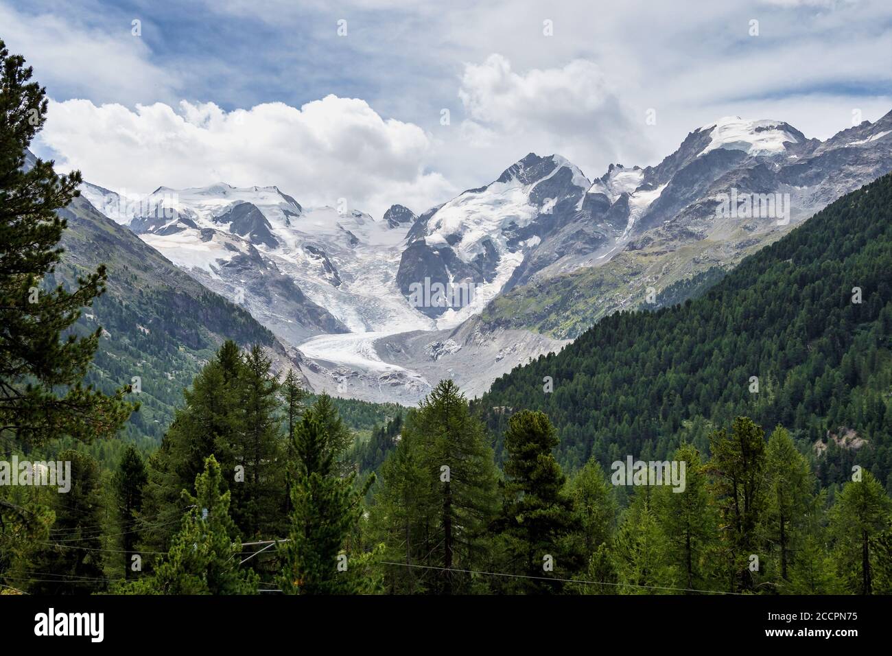 The peaks of the Bernina mountain range in the Swiss Alps, upper ...