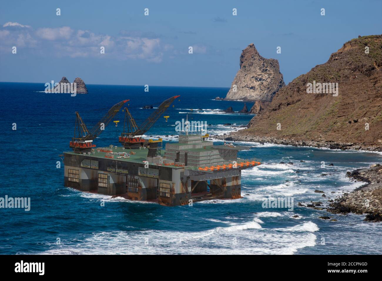 oil platform lifted by storm on rocky coast - threatened by strong ...