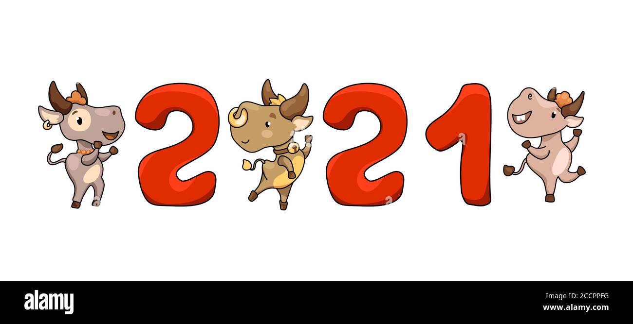 2021 New Year illustration with cute cow character. 2021 social media ...
