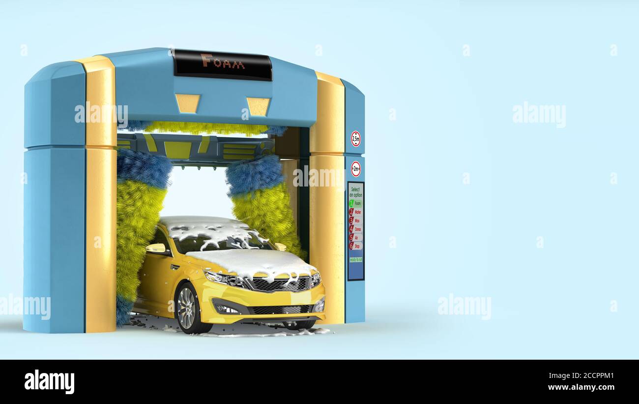 automatic car wash presentation concept car covered in foam inside a ...