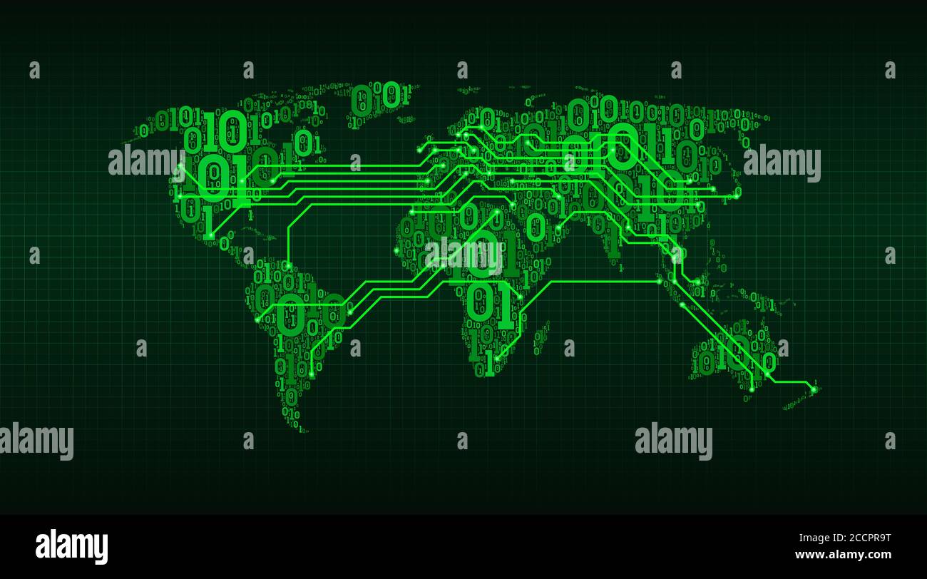 Abstract World Map From A Digital Binary Code On A Grid Background Connection Between Cities In