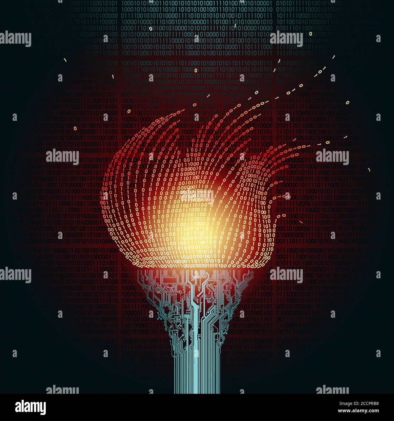 A burning torch, consists of printed circuit boards, the flame from the ...