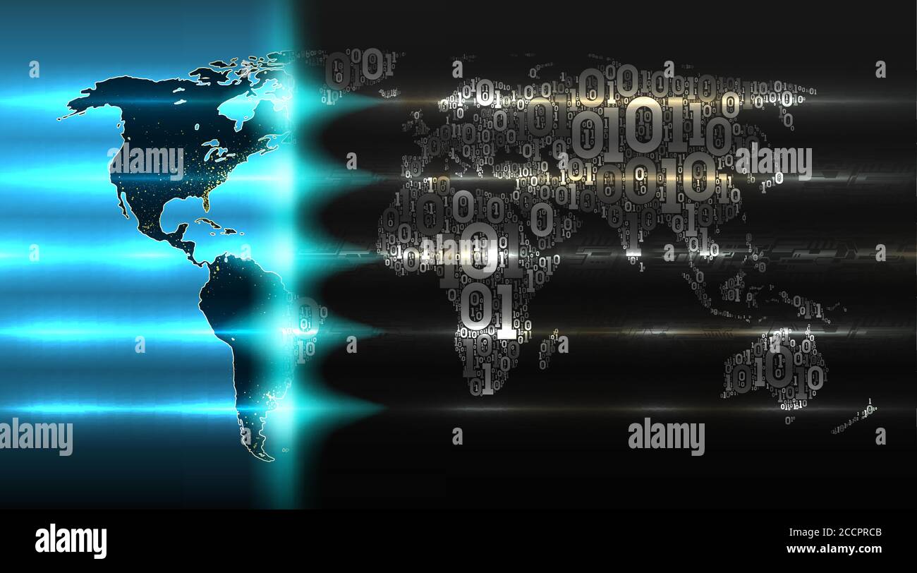 Binary Code World Map With A Background Of Abstract Hardware Digital