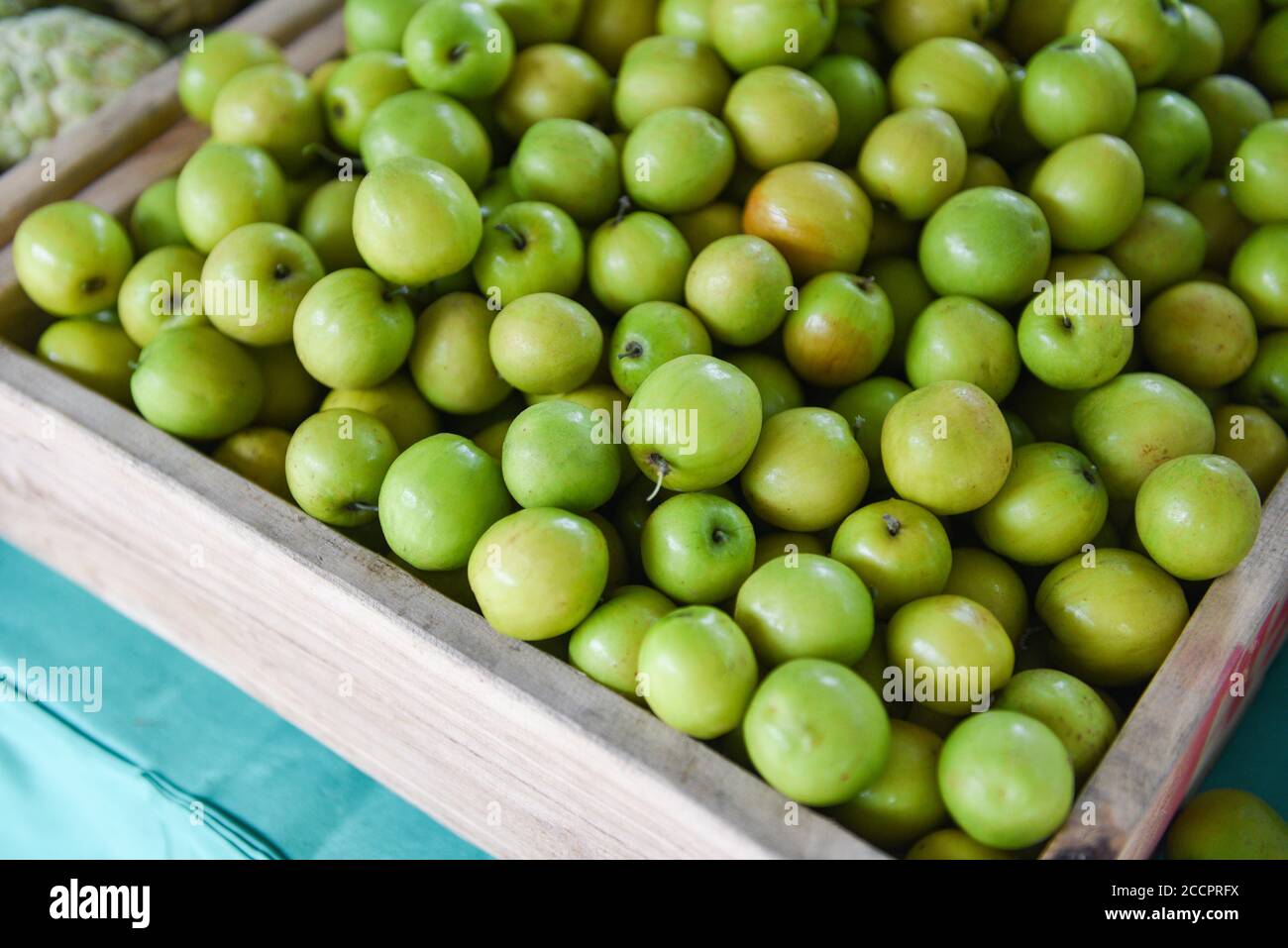 Green jujubes on wooden box in the fruit market Asian / Monkey Apple ...