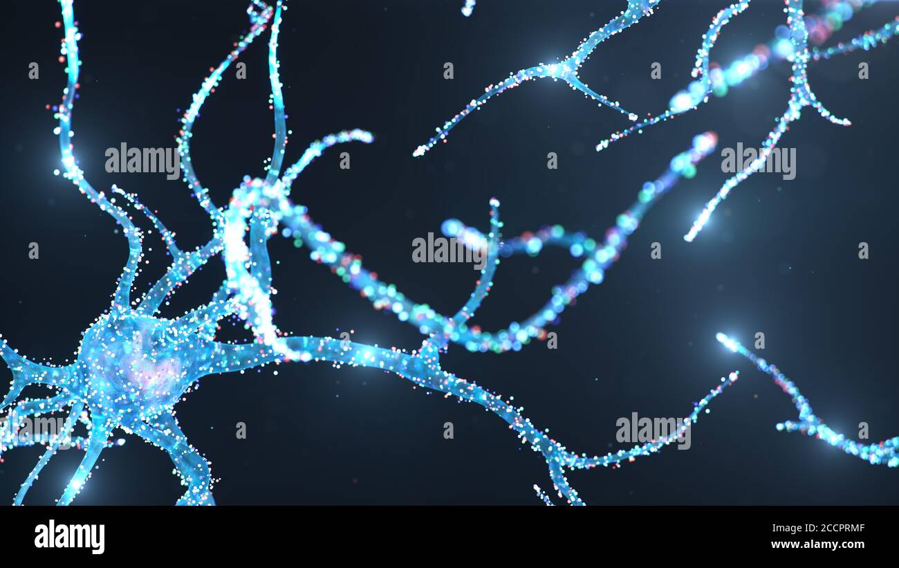 Abstract neural cells with glow dots. Brain research and science. Luminous, glowing ...