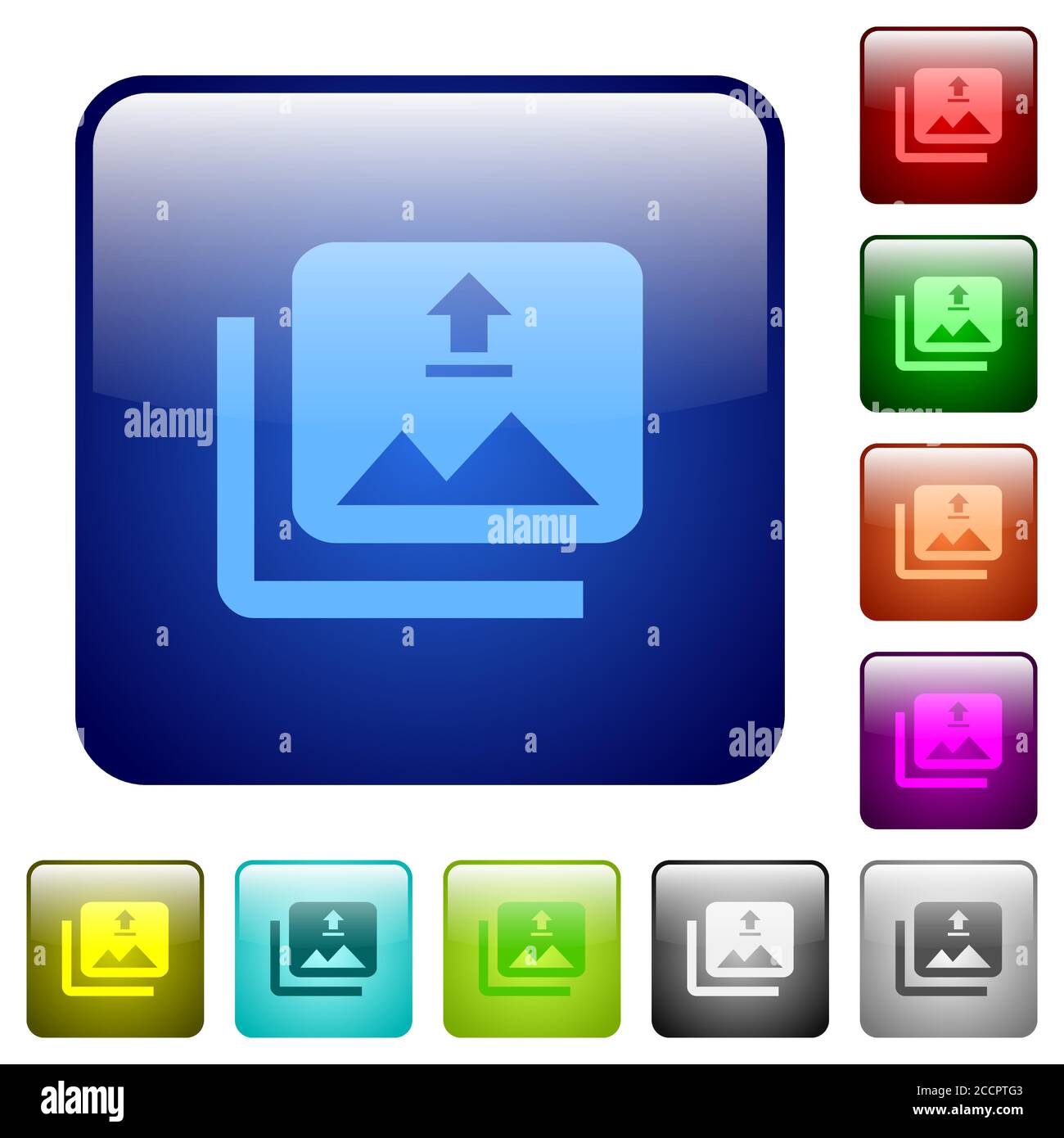 Upload multiple images icons in rounded square color glossy button set ...