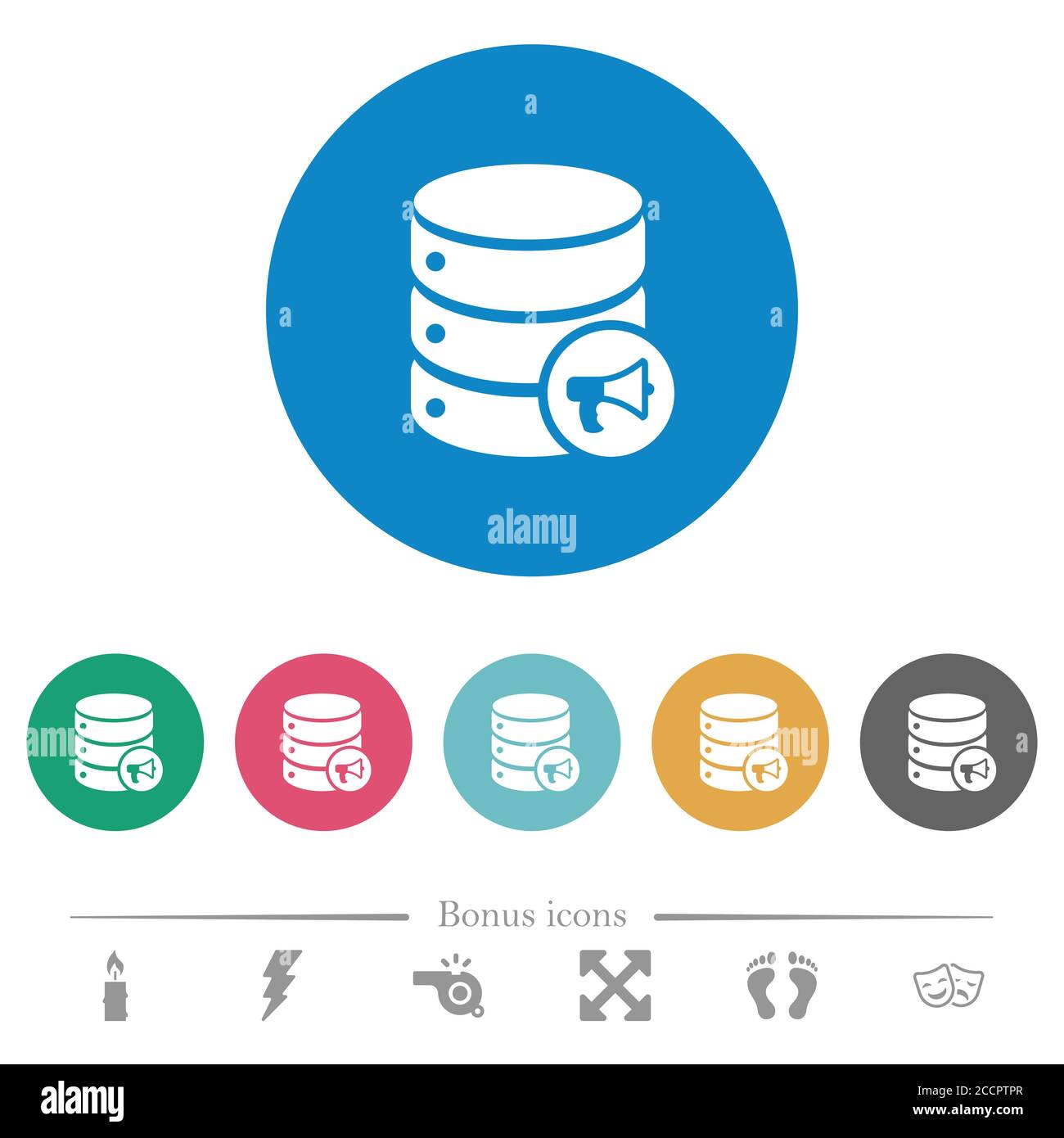 Database alerts flat white icons on round color backgrounds. 6 bonus ...