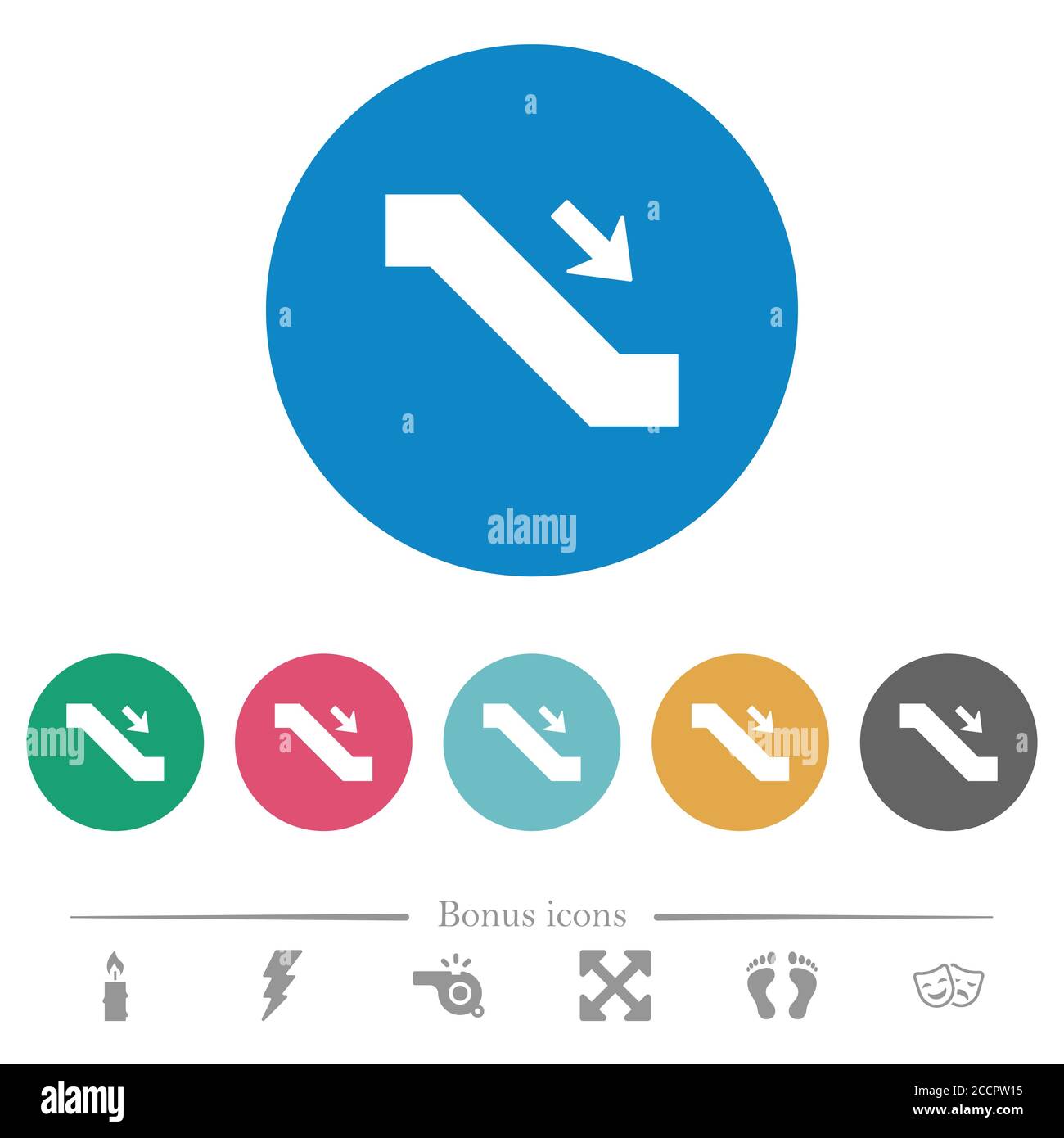 Escalator down sign flat white icons on round color backgrounds. 6 ...