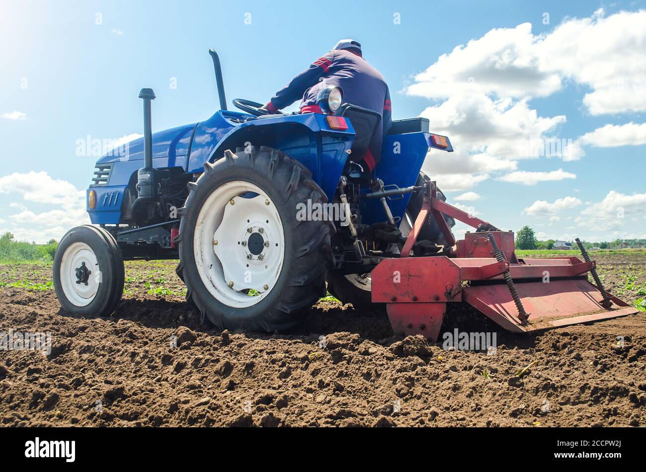Farmer on a tractor with a milling machine processes loosens soil in ...