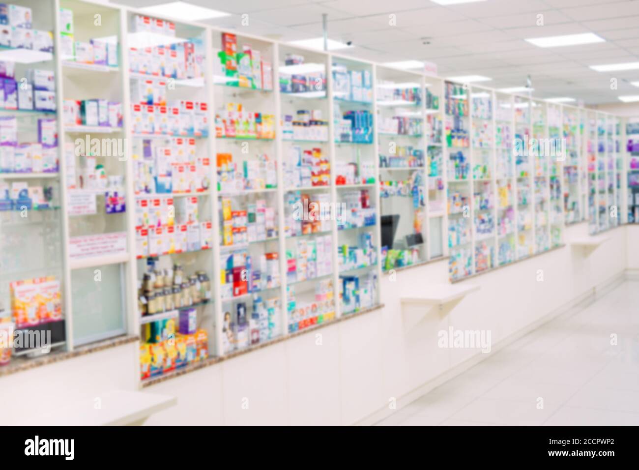 counter store table pharmacy background shelf blurred blur focus drug medical shop drugstore medication blank medicine pharmaceutics Stock Photo Alamy