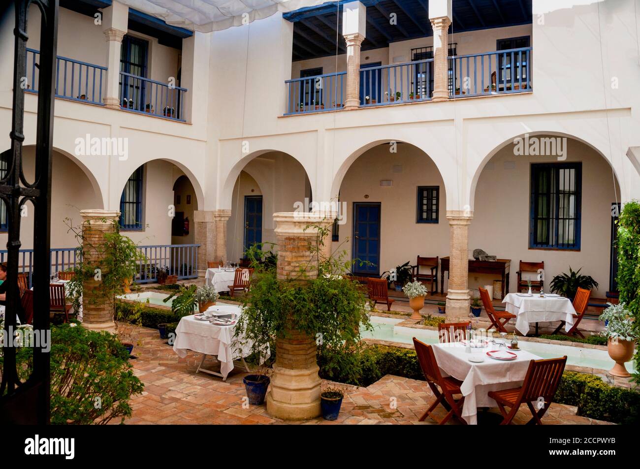 Spanish courtyard features a narrow pool, arched corridors, and large ...