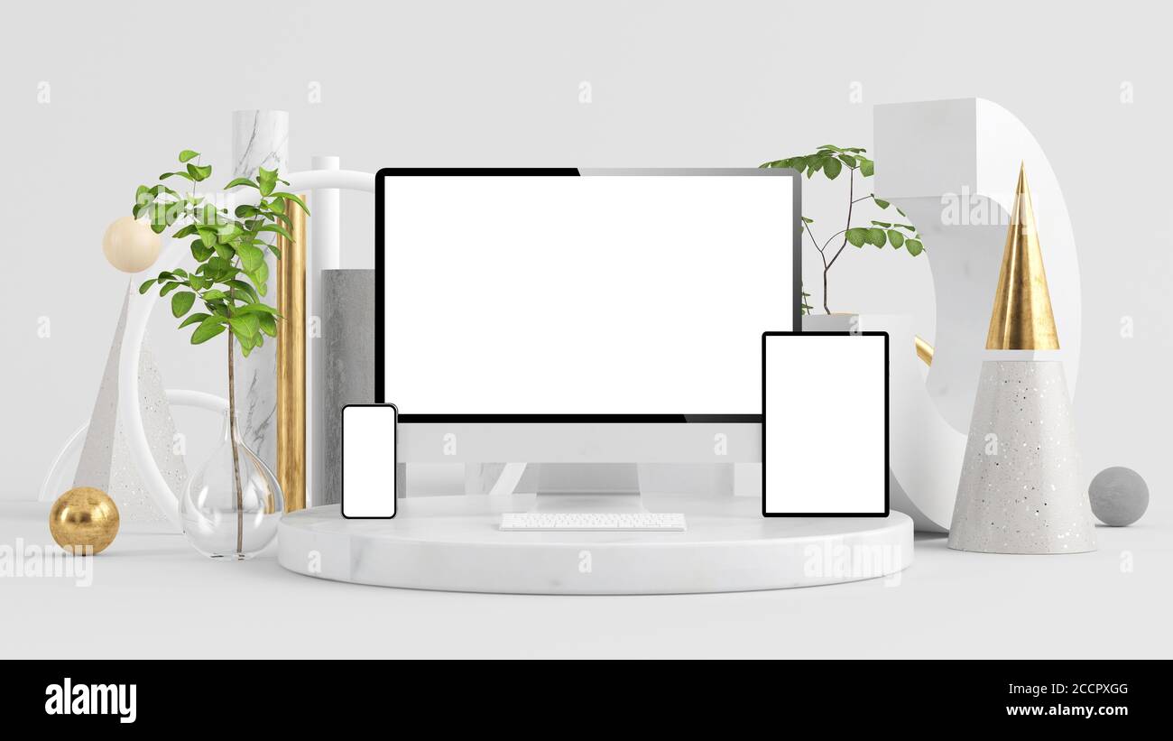 Computer monitor, tablet and phone on surreal background 3d rendering ...