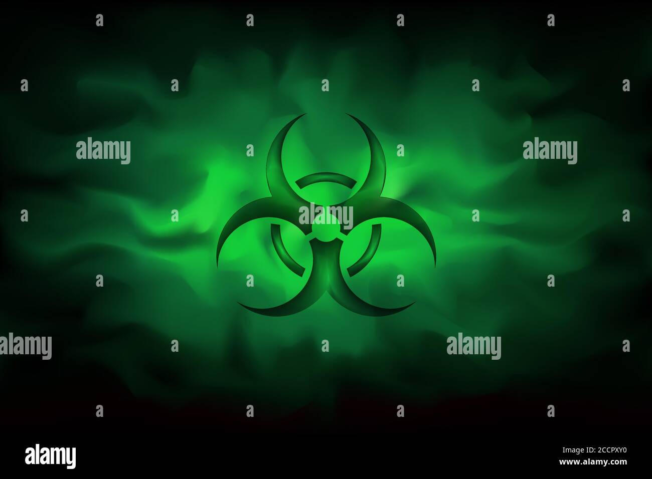 Biohazard sign on a background of infected green fog. Dangerous haze ...