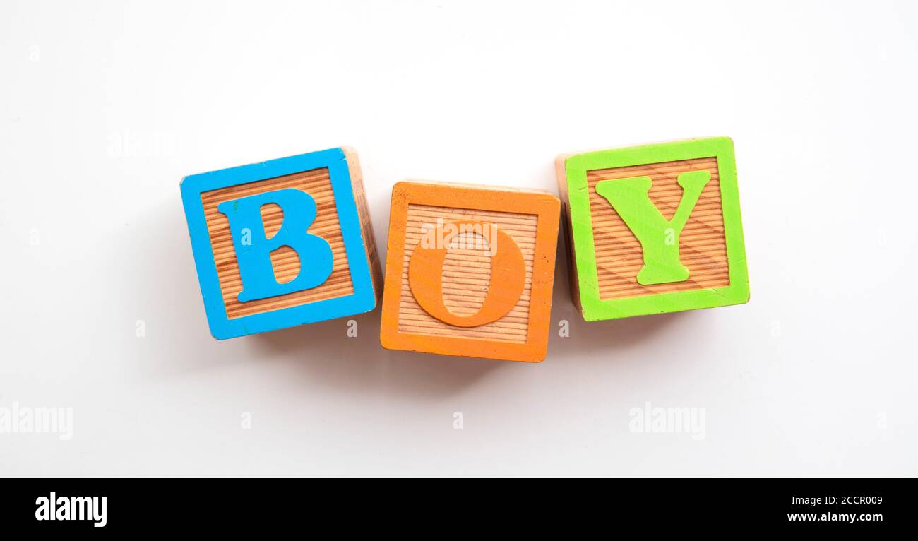 Boy word made from colourful wooden baby development blocks Stock Photo ...
