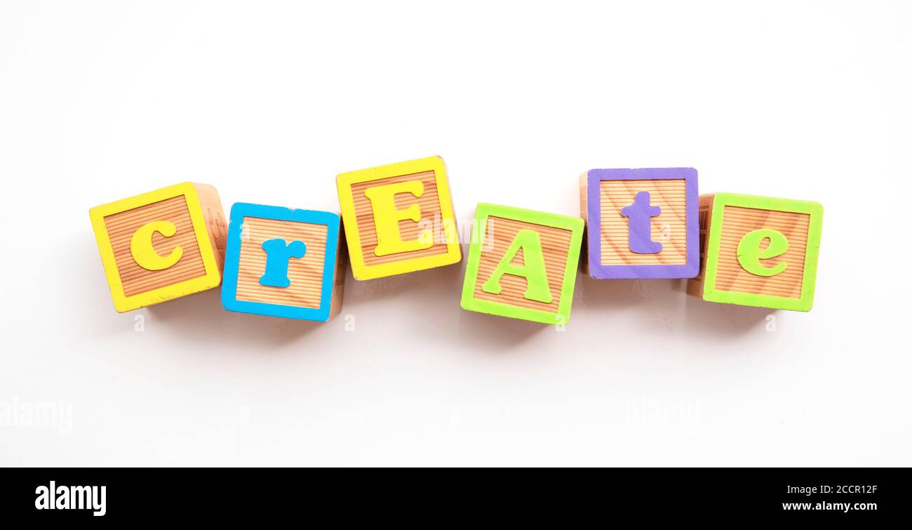 Create word made from colourful wooden baby development blocks Stock ...