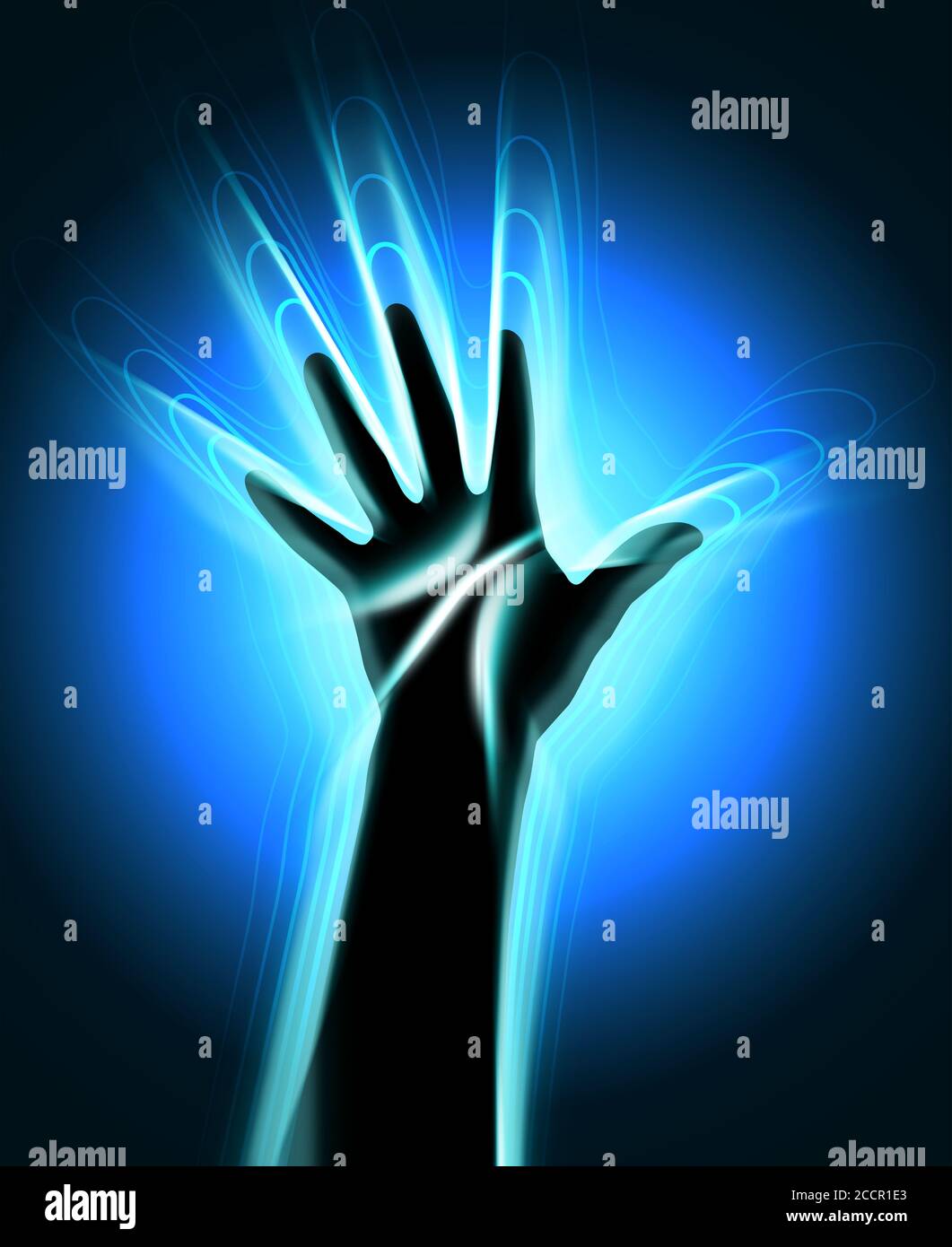 The concept of man's connection with the Universe. Raised shining hand ...